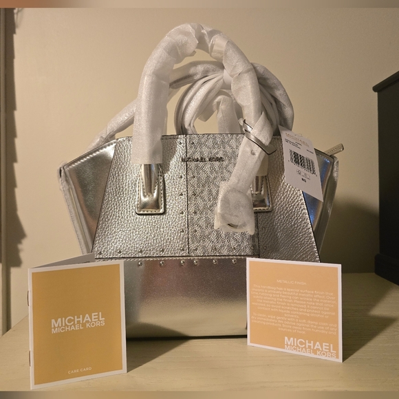 Michael Kors | Bags | Michael Kors Silver Satchel With Signature Mk ...
